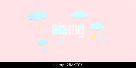 Paper clouds with rain drops and lightnings on pink background. Weather ...