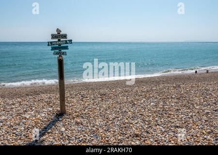 Caution Mermaid swimming area sign on beautiful deserted beach at ...