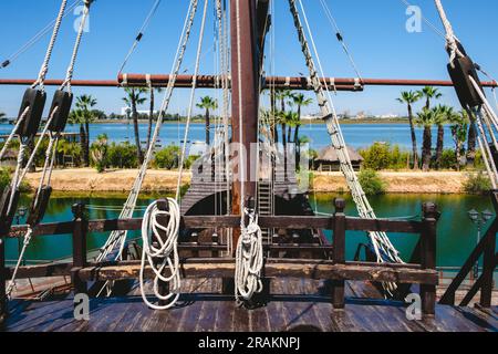 Ropes and rigging of an old caravel, ship of medieval explorers Stock ...