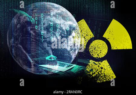Nuclear deterrence. Warning radiation symbol, source and binary codes on black background Stock ...