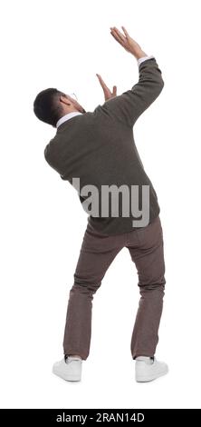 Businessman evading something on white background, back view Stock ...