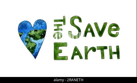 Watercolor illustration with green letters Earth. Ecological design ...