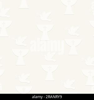 Baptism invitation design template with baptismal font, Holy Spirit symbol and floral wreath ...