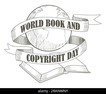 World Book and Copyright Day. Open book with hand on white background. Reading vector ...