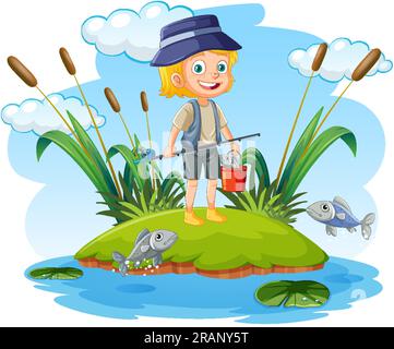 Cartoon Girl Fishing in the Pond illustration Stock Vector Image & Art ...
