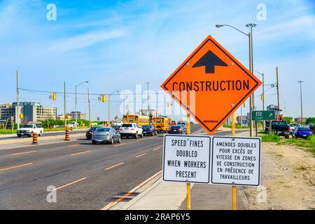 Construction signs in Victoria Park Avenue, Toronto, Canada Stock Photo ...