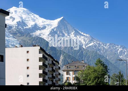Chamonix village at the feet of the Mont Blanc Massive mountain range ...