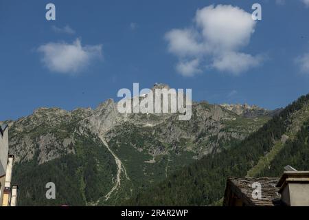 Chamonix village at the feet of the Mont Blanc Massive mountain range ...