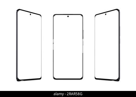 Modern smart phone with round edges on white desk. Isolated screen for ...