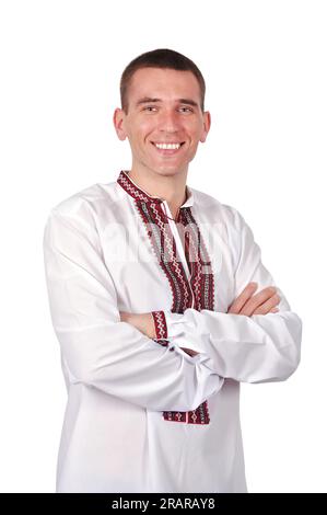 happy guy in Ukrainian embroidered shirt on white background Stock ...