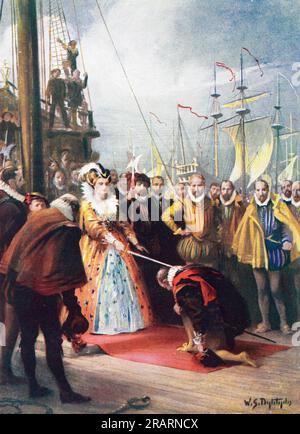 Francis Drake knighted by Queen Elizabeth I on board his ship, the ...