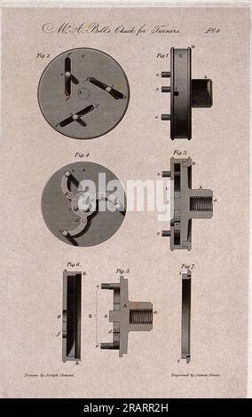 Engineering: a centring chuck mechanism for a lathe: elevations, cross ...