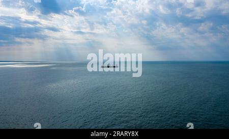 Self-unloading bulk carrier at Rio De La Plata anchorage. Aerial front ...
