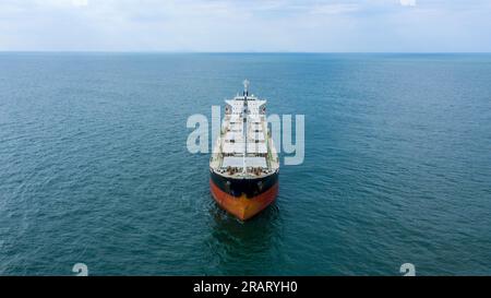 Self-unloading bulk carrier at Rio De La Plata anchorage. Aerial front ...