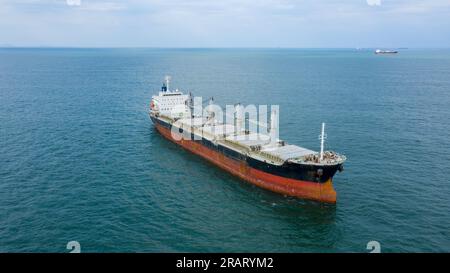 Self-unloading bulk carrier at Rio De La Plata anchorage. Aerial front ...
