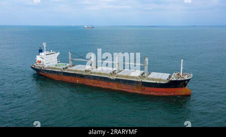 Self-unloading bulk carrier at Rio De La Plata anchorage. Aerial front ...
