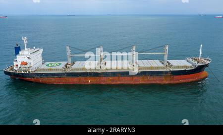 Self-unloading bulk carrier at Rio De La Plata anchorage. Aerial front ...