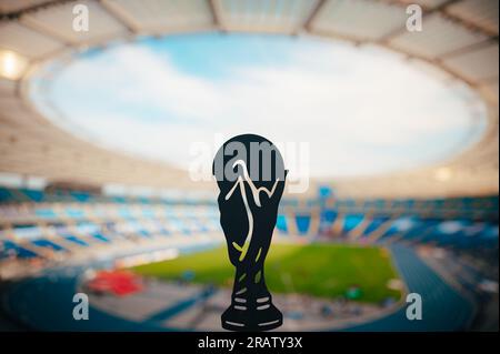 Silhouette of Football World Trophy, Modern Stadium in background Stock ...