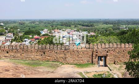View of fortress walls of Thirumayam Fort, Pudukottai, Tamilnadu, India ...