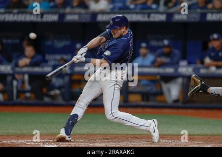 Tampa Bay Rays' Luke Raley hits a sacrifice fly in the sixth inning ...