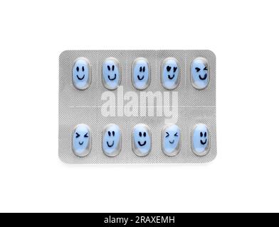 Blister of antidepressant pills with emotional faces on white ...