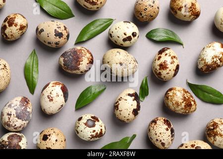 Speckled quail eggs and green leaves on white background, flat lay ...