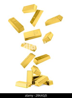 Many gold bars falling on white background Stock Photo - Alamy