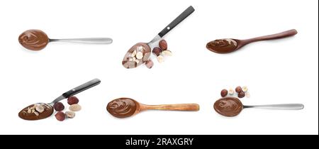 Yummy chocolate paste in spoons and hazelnuts on white background ...