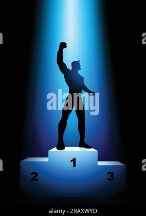 Silhouette illustration of a winner on rank podium holding the flag of ...