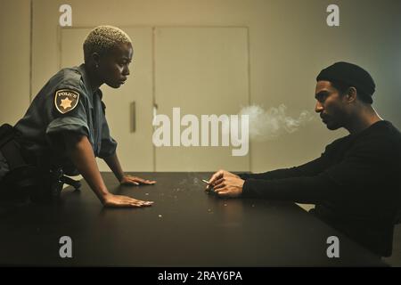 Man, suspect smoking and detective in interrogation room with criminal ...