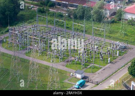 Power plant - transformation station. Multitude of cables and wires ...