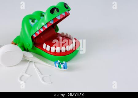 Dental floss, toothpicks, brush and crocodile on white background Stock ...