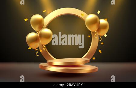 balloon golden podium present, celebrate happy birthday, gold platform ...