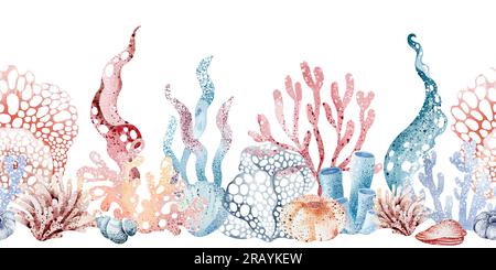 Seamless border with sea creatures as corals, fishes. Watercolor ...