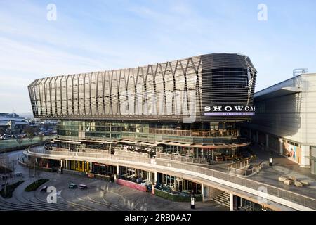 Oblique elevation of building with steps and cinema entrance. Watermark ...