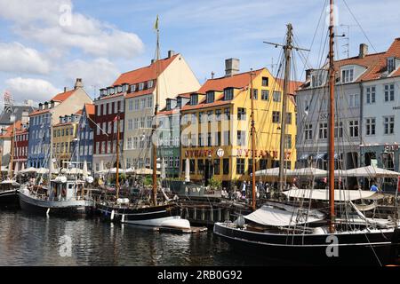 The Nyhavn canal with its characteristic colorful houses in Copenhagen ...