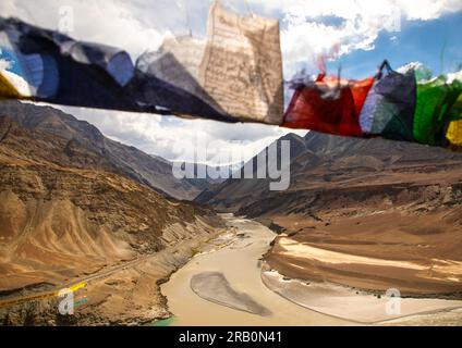 Aerial view of the confluence of the Indus and Zanskar rivers (Sangam ...