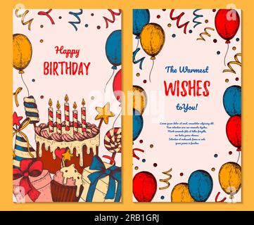 Two sides Birthday vertical greeting card. Design with hand drawn ...