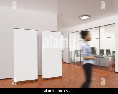 Two blank roll up banner stands mockup in gray modern office interior ...