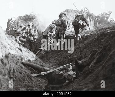 British infantry adancing through German trenches of the Wotan Line ...