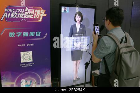 SHANGHAI, CHINA - JULY 6, 2023 - A viewer experiences a smart mirror at the 2023 WAIC in ...