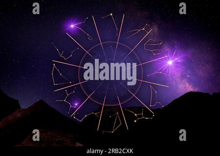 Zodiac wheel on mountain landscape with starry sky as background ...