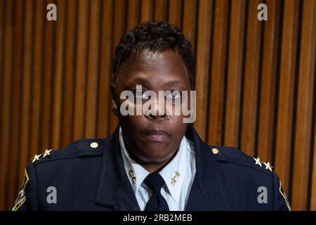 Press briefing announcing citywide crime statistics for June at NYPD Headquarters on July 6 ...