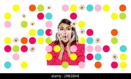 Creative conceptual collage. Excited young girl looking in mirror and ...