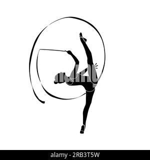 Rhythmic Gymnastics with ribbon flat sihouette vector. Black and white ...