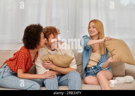 polyamorous family, love triangle, cheerful multicultural women and ...