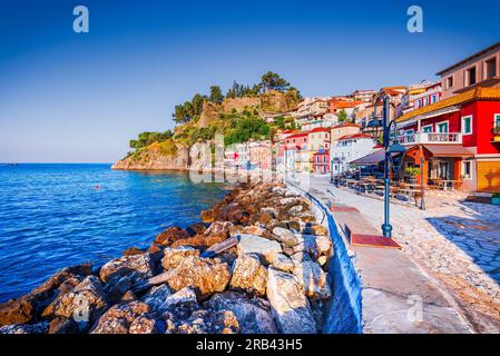 Picturesque Parga town, with its Venetian castle on top, famous travel ...