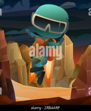 Jetpack. Man in helmet flies. Reactive Aircraft in back. Isolated on ...