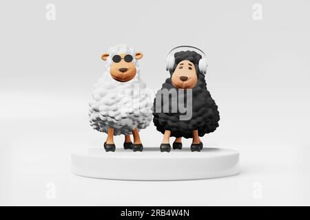 Two cool DJ sheep friends rhythmically dance playing music 3d rendering ...