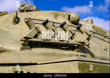 Close-up of the turret rocket launchers of an old tank, armored car ...